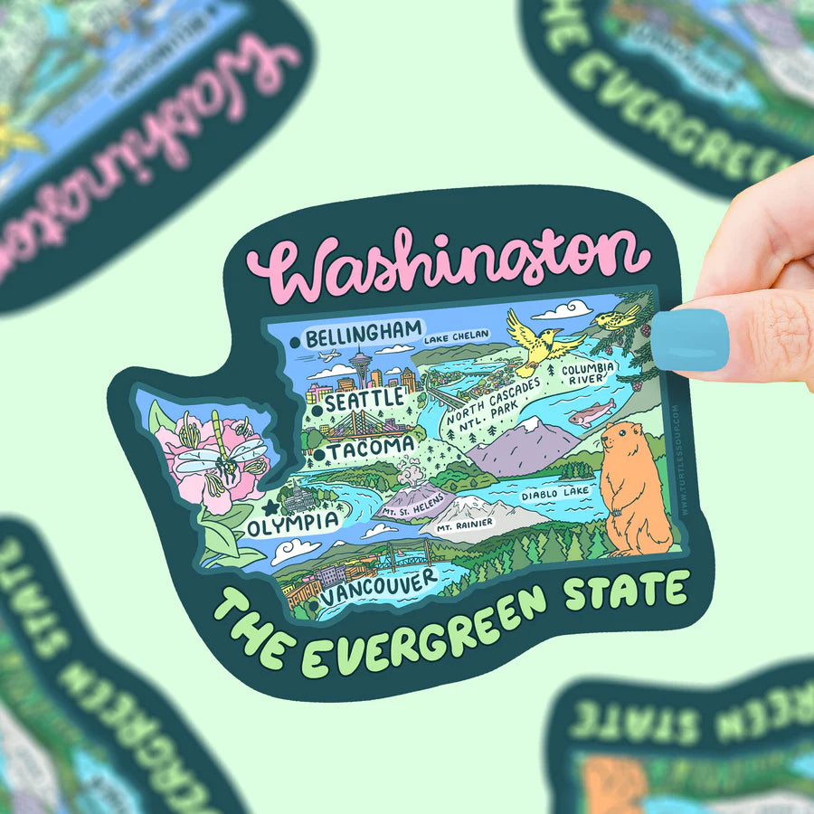 Washington Map Evergreen State Seattle Vinyl Sticker | Turtle's Soup ...